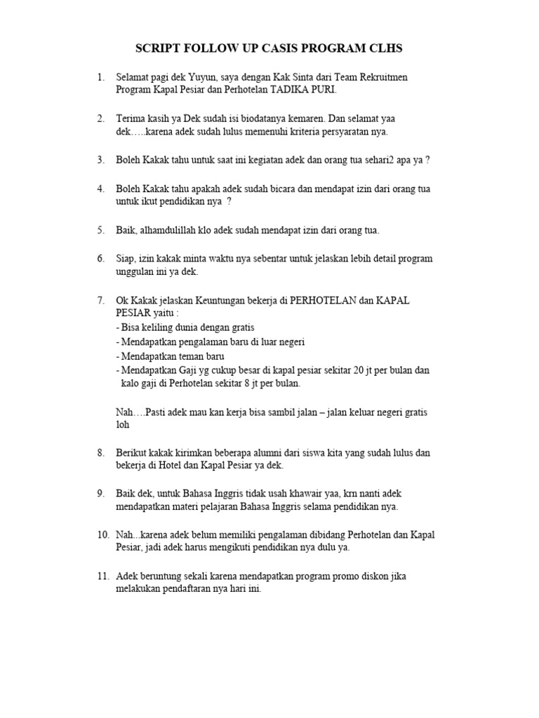 Script Follow Up Casis Program NHSB | PDF | Karier & Perkembangan