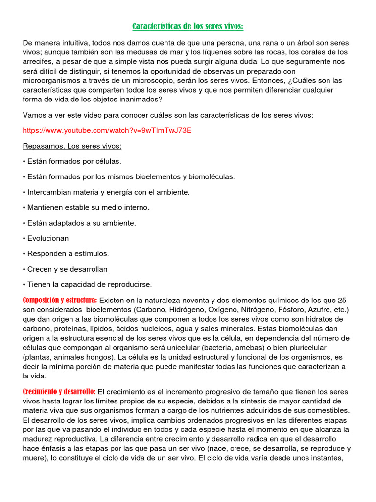 Introduccion Características de Los Seres Vivos | PDF | Organismos ...