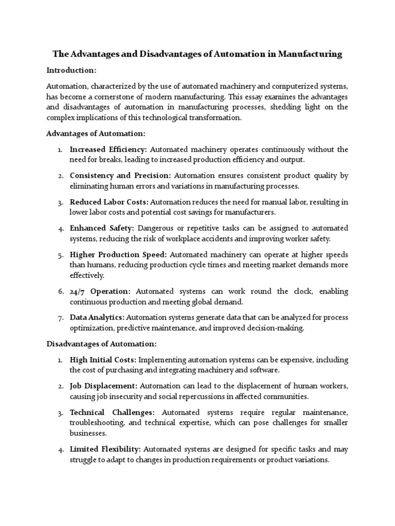 The Advantages and Disadvantages of Automation in Manufacturing | PDF ...
