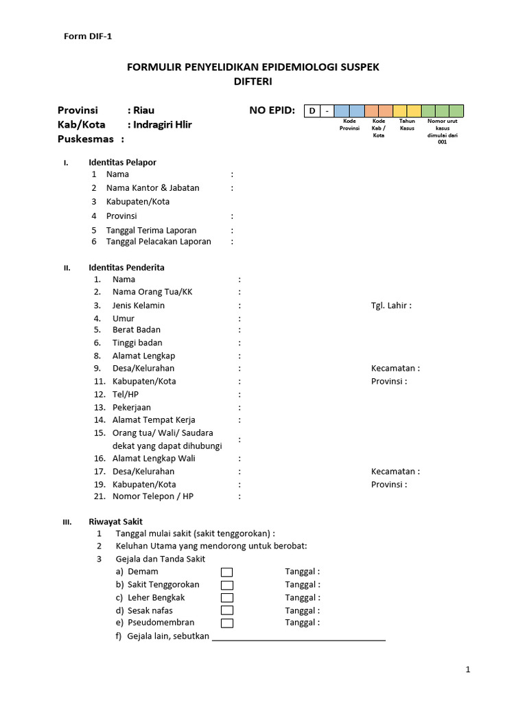 Form DIF-1 - Formulir Penyelidikan Epidemiologi Difteri | PDF