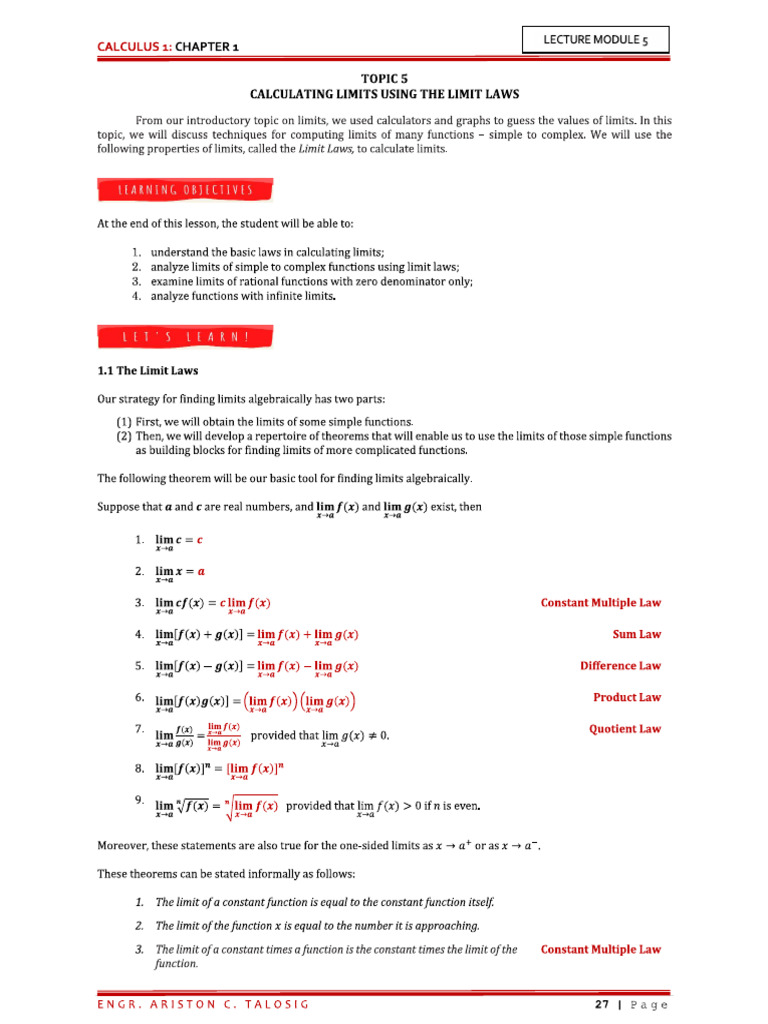 Module 5 Calculating Limits Using The Limit Laws Pdf 