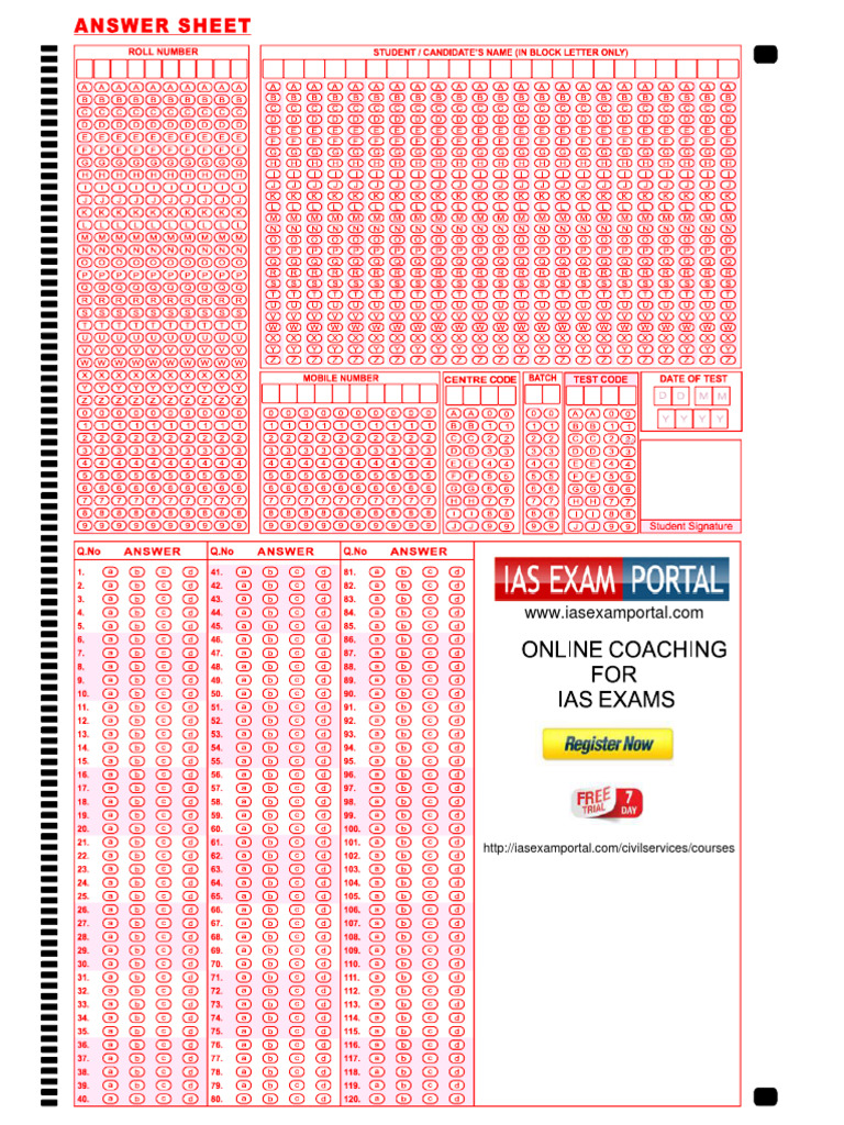 Download OMR Sheet of Civil Services Exam in PDF Format (1) | PDF