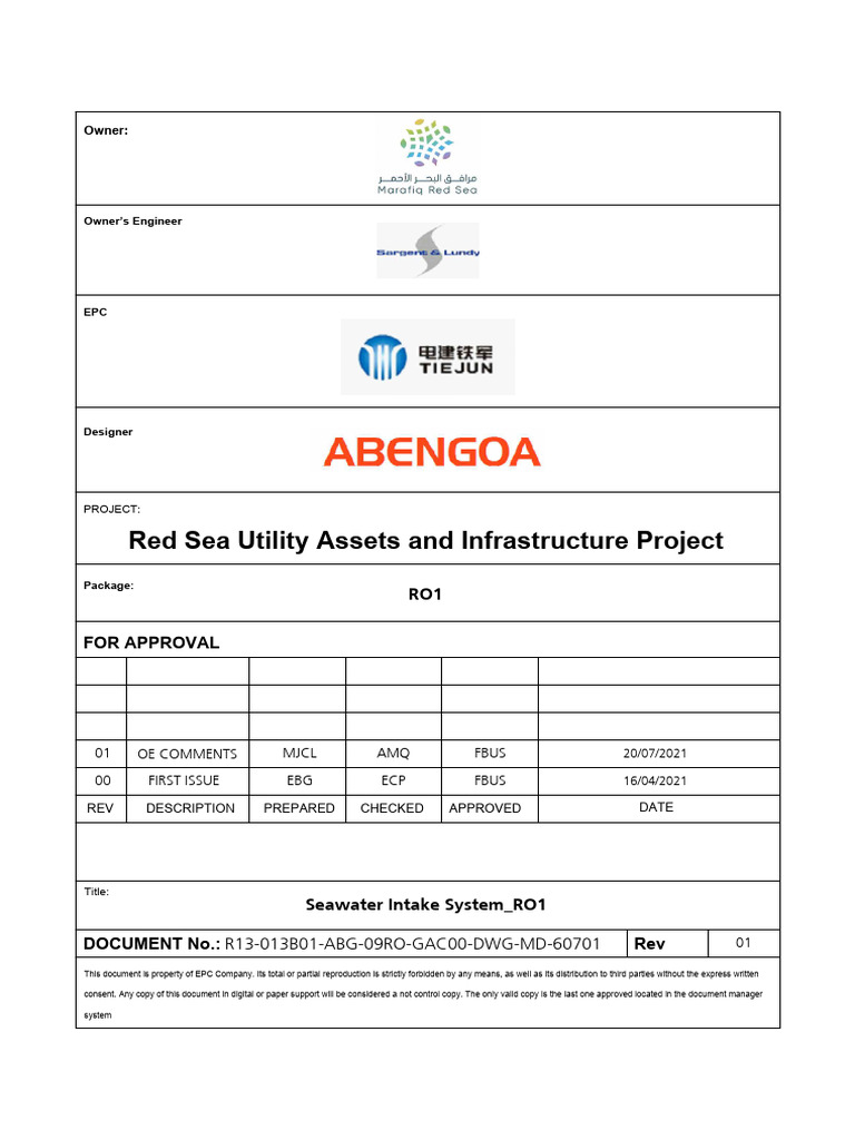 R13-013B01-ABG-09RO-GAC00-DWG-MD-60701 - Rev01 - P&ID Seawater Intake System - RO1 | PDF