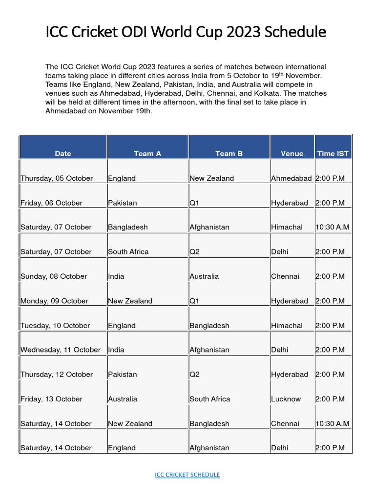 The ICC Cricket ODI World Cup 2023 Scdule PDF | Descargar gratis PDF | England Cricket Team ...