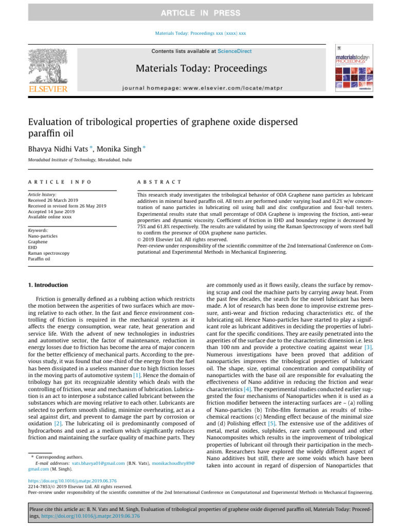 Evaluation of Tribological Properties of Graphene Oxide Dispersed ...