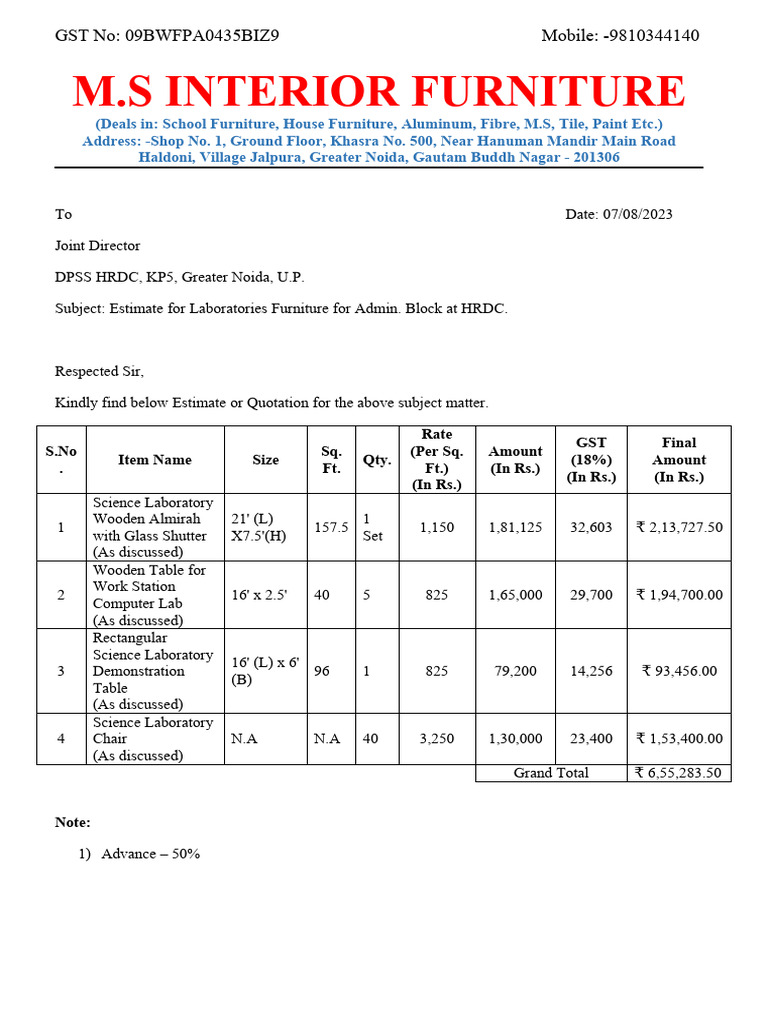 Estimate of M S Interior Estimate For AB Labs Furniture Last Updated On ...