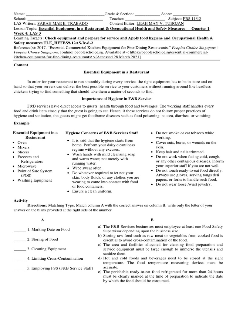 SHS TVL FBS Q1 Week 4 LAS 3 | PDF | Restaurants | Hygiene SHS TVL FBS Q1 Week 4 LAS 3 | PDF | Restaurants | Hygiene