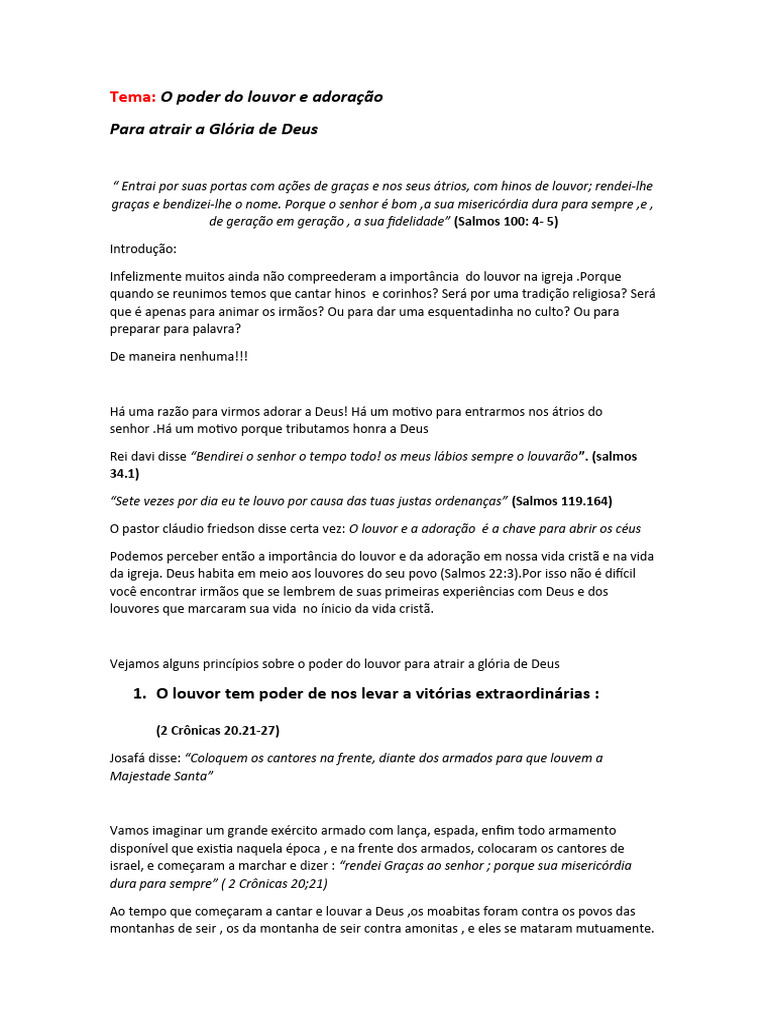 O Poder Do Louvor e Adoração | PDF | Deus | Davi