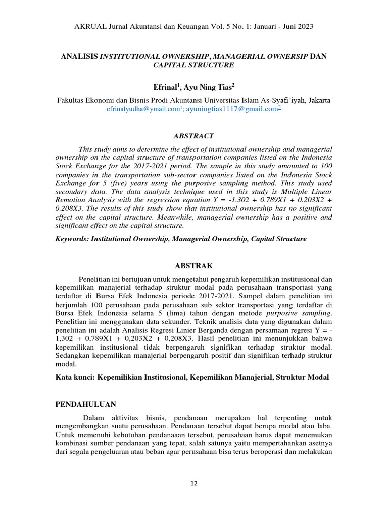 Analisis Institutional Ownership, Managerial Ownership Dan Capital Structure | PDF