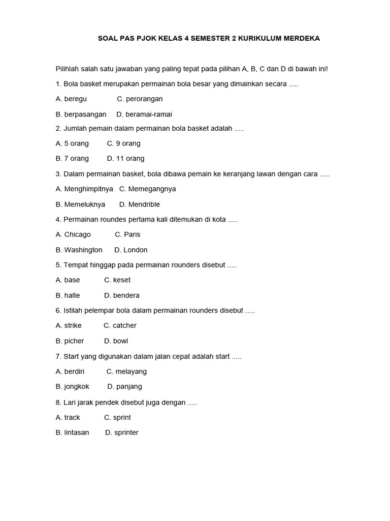 Soal Pas Pjok Kelas 4 Semester 2 Kurikulum Merdeka | PDF