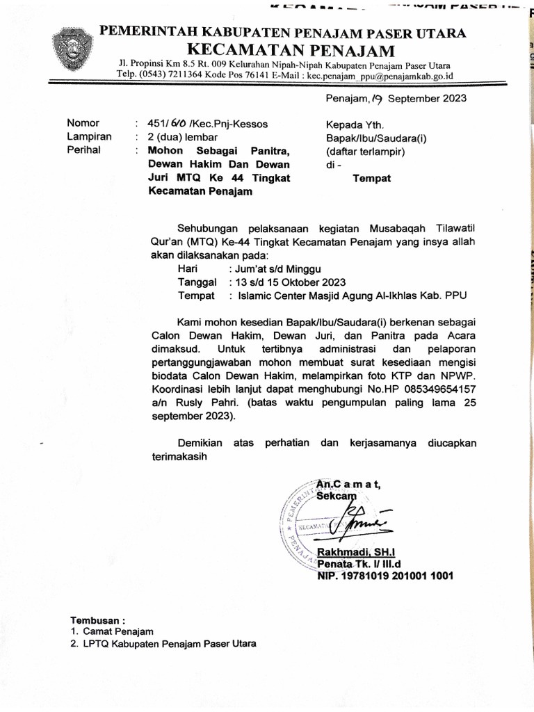 Surat Permohonan Calon Dewan Hakim Panitra | PDF