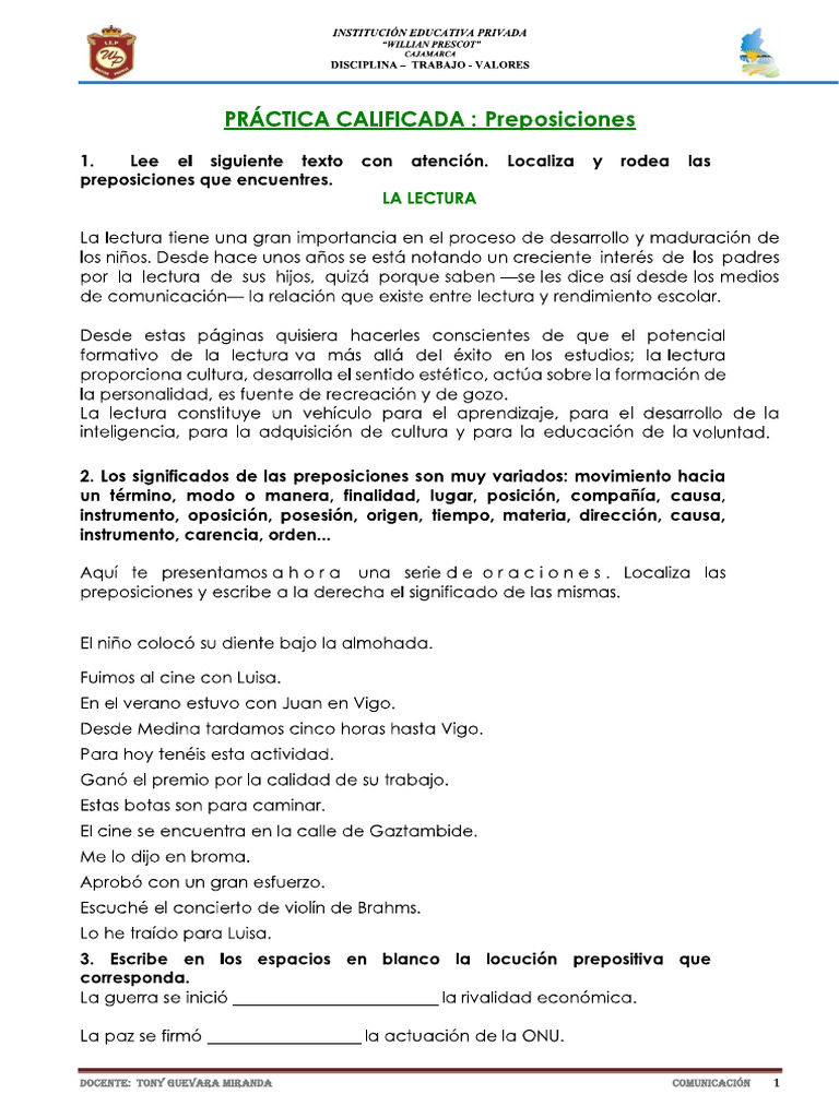 Práctica Calificada Preposiciones | PDF