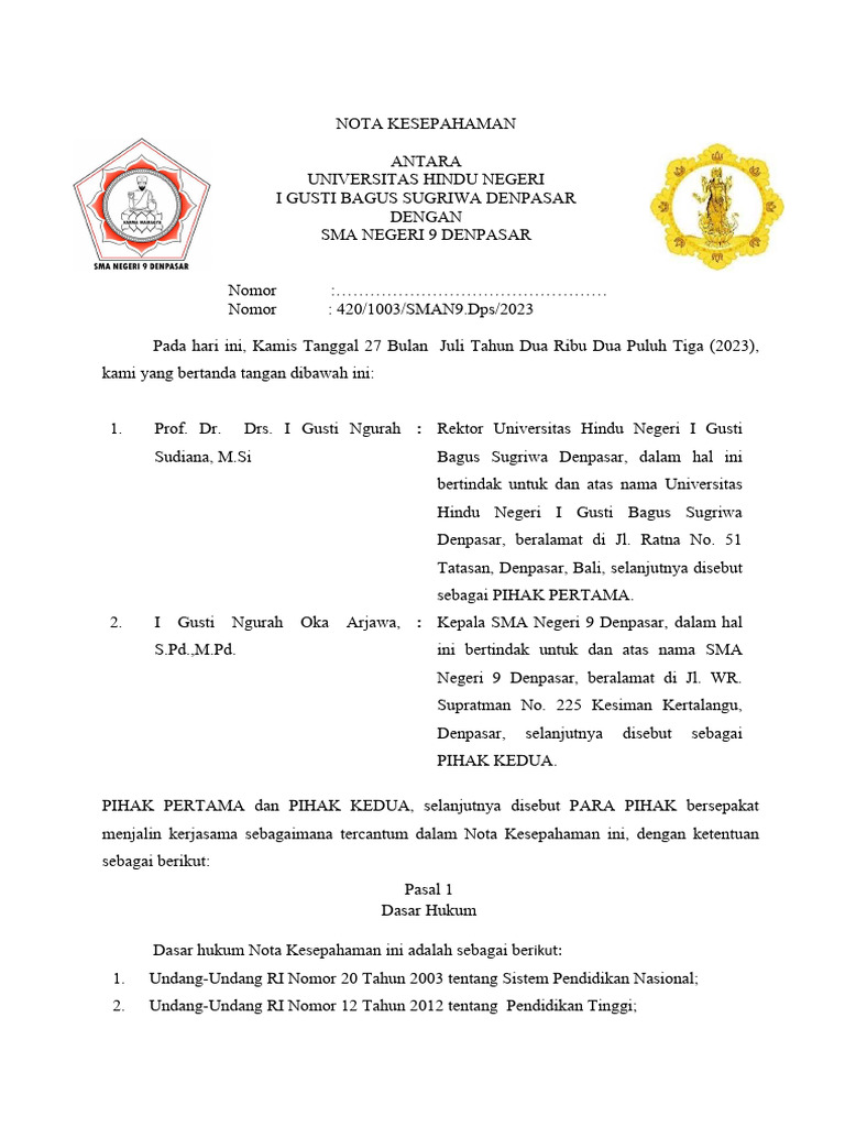 MoU & PKS SMA Negeri 9 Denpasar | PDF