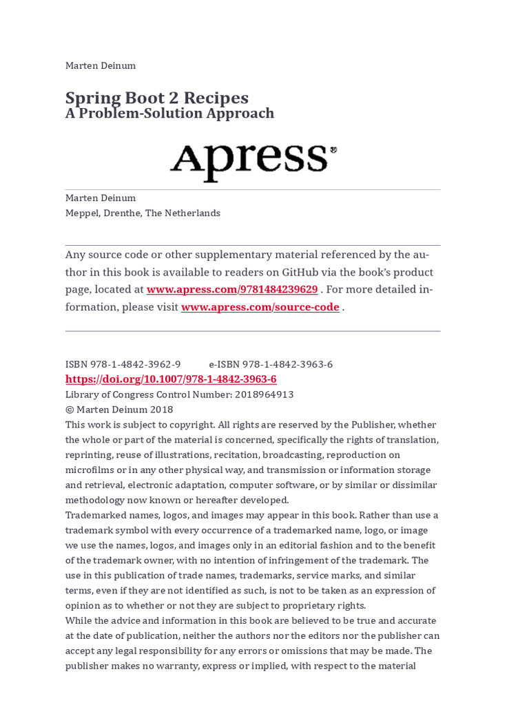 Front Matter Spring Boot 2 Recipes A Problem-Solution Approach | PDF | Spring Framework ...