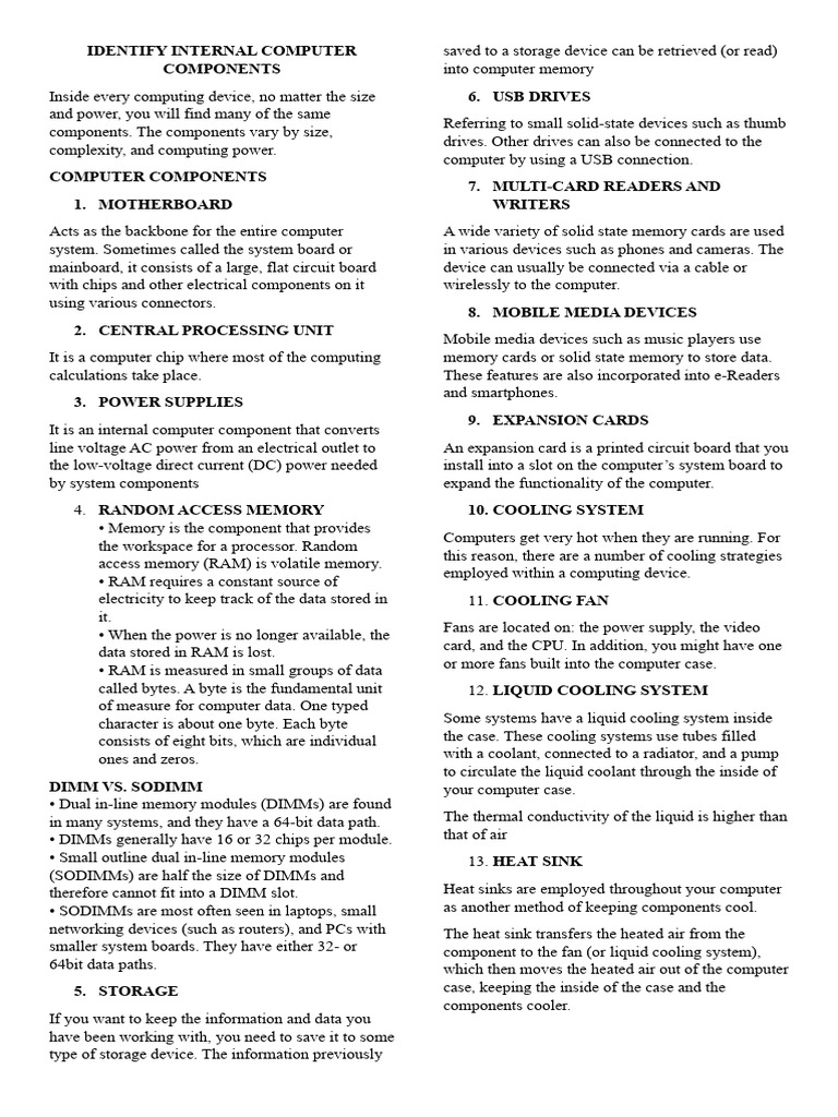 Identify Internal Computer Components | Download Free PDF | Computer Data Storage | Computer Science