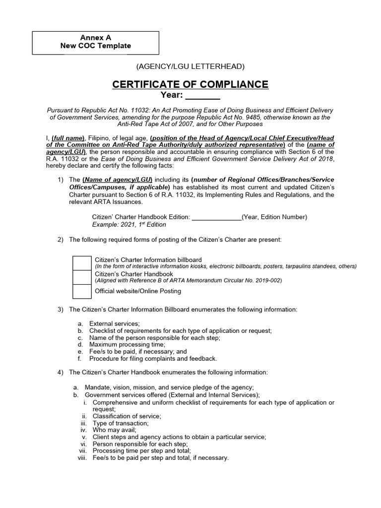 ARTA MC No. 2021 10 - Annex A - New COC Template | PDF | Justice ...