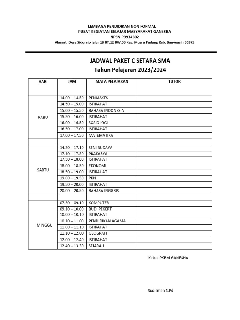 Jadwal Paket C PKBM Ganesha | PDF
