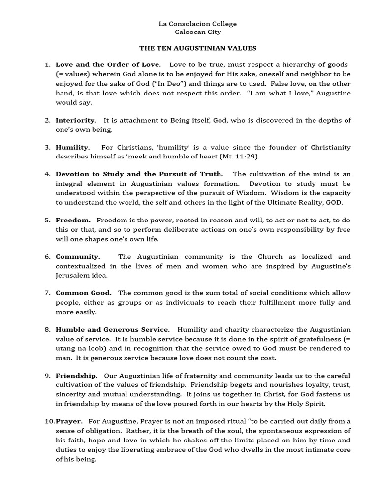 Ten Augustinian Values | PDF | Philosophy | Religion & Spirituality
