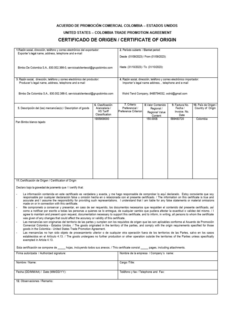 Formato Sugerido Certificado de Origen | PDF
