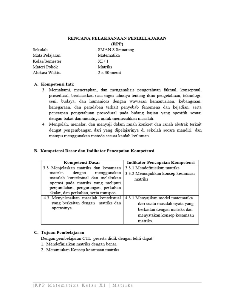 Rev - 01 - RPP - Matriks - 1 - Definisi Matriks | PDF