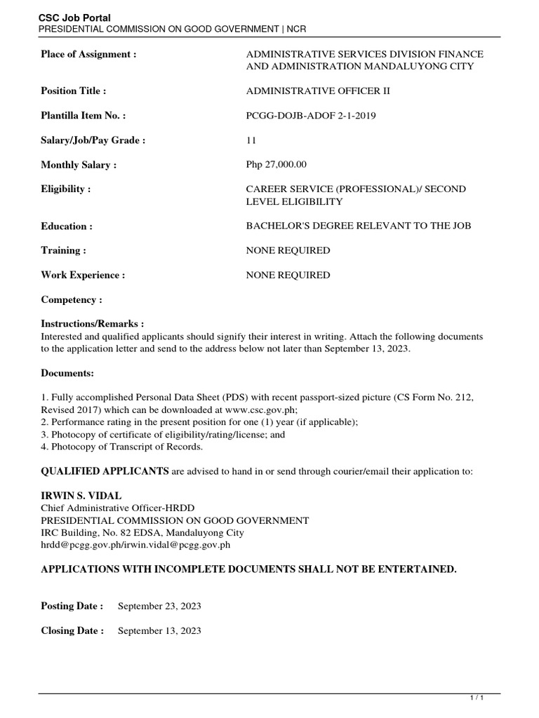 Presidential Commission On Good Government-Administrative Officer Ii | PDF