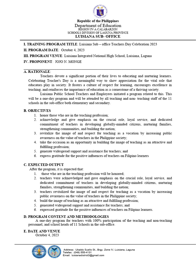 Teachers Day Proposal | PDF | Teachers | Behavior Modification