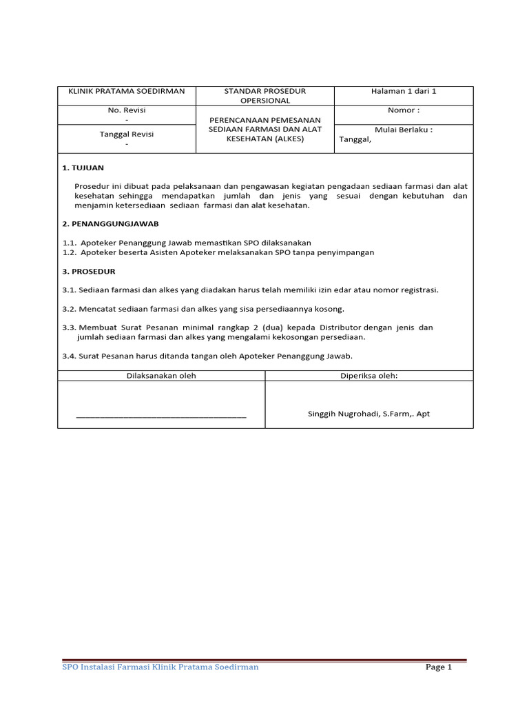 Sop Instalasi Farmasi Klinik Pratama Soedirman | PDF