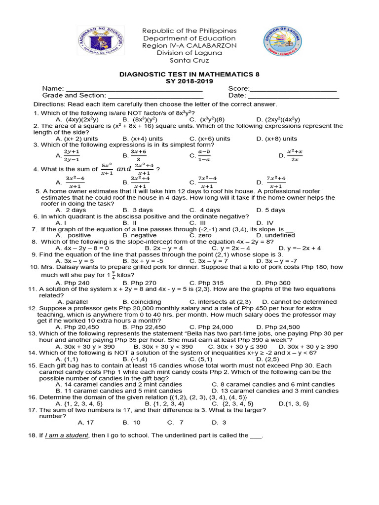Diagnostic Test Math 8 | PDF | Elementary Mathematics | Mathematics