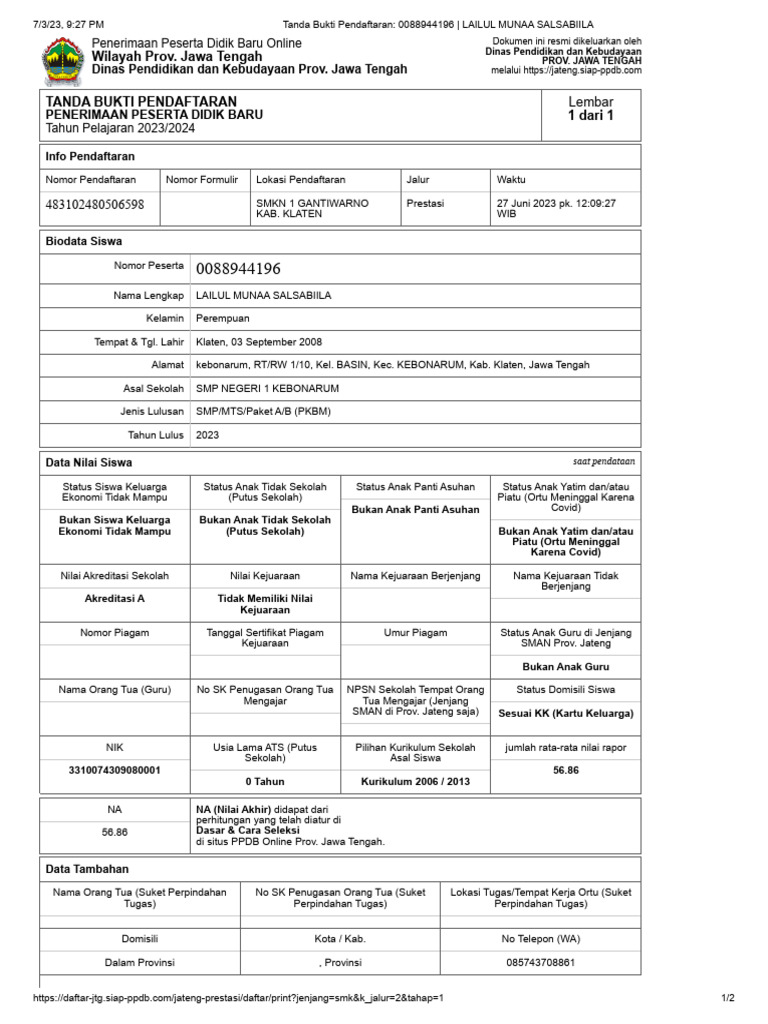 Tanda Bukti Pendaftaran - 0088944196 - LAILUL MUNAA SALSABIILA | PDF