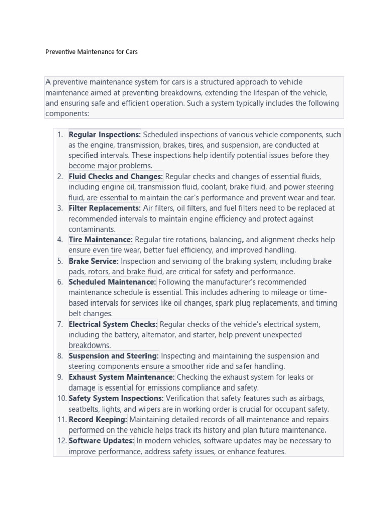 Preventive Maintenance For Cars | PDF | Vehicles | Brake