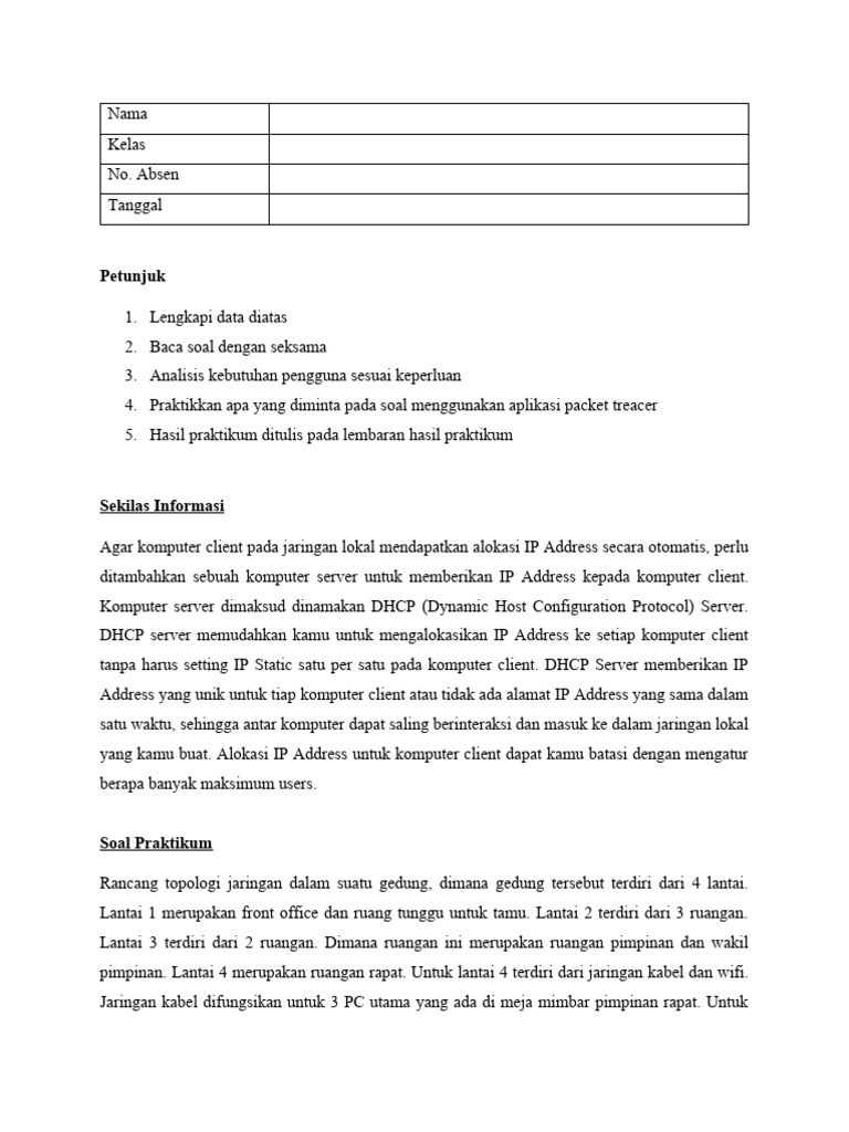 LK 2 - Simulasi DHCP Server Dengan Packet Tracer | PDF