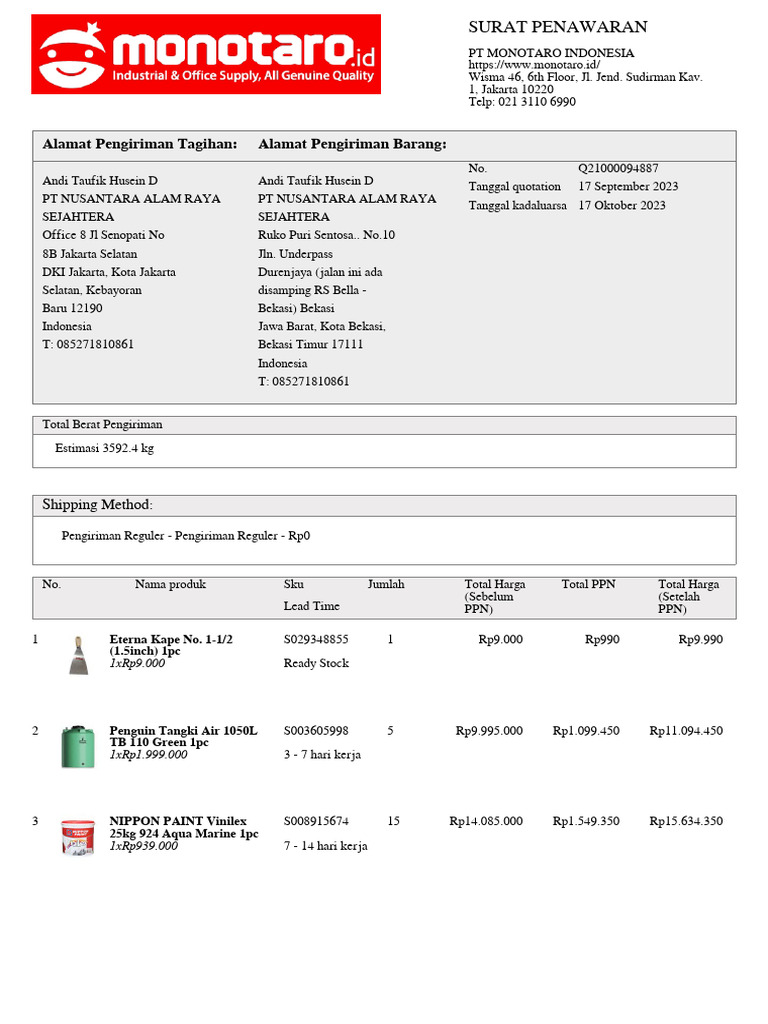 Surat Penawaran - Monotaro | PDF