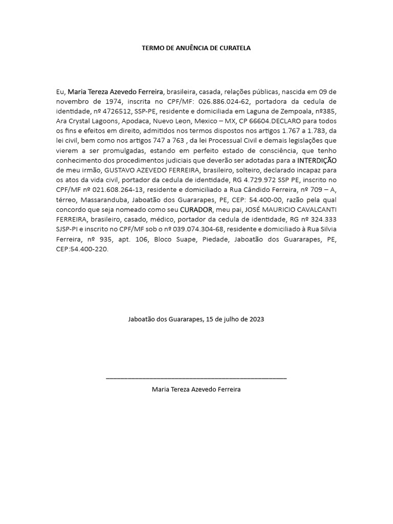 Termo de Anuência de Curatela | PDF | Direito | Estilo de vida