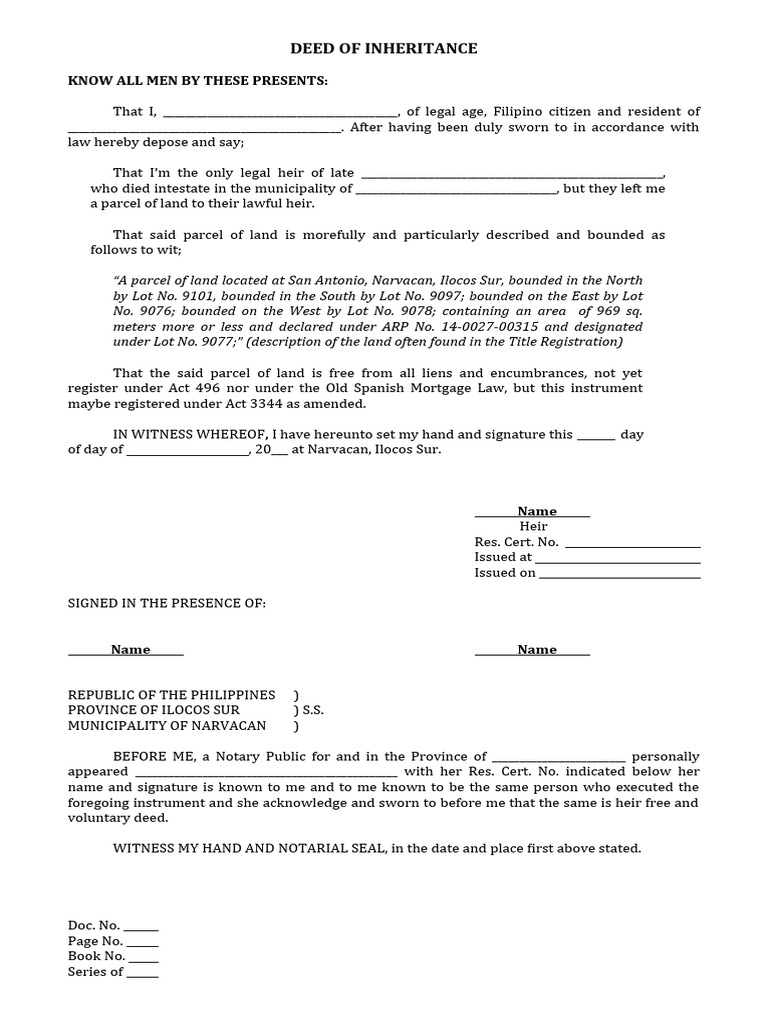 Template Deed of Inheritance | PDF | Civil Law (Legal System) | Document