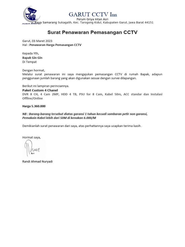 Surat Penawaran Pemasangan CCTV | PDF