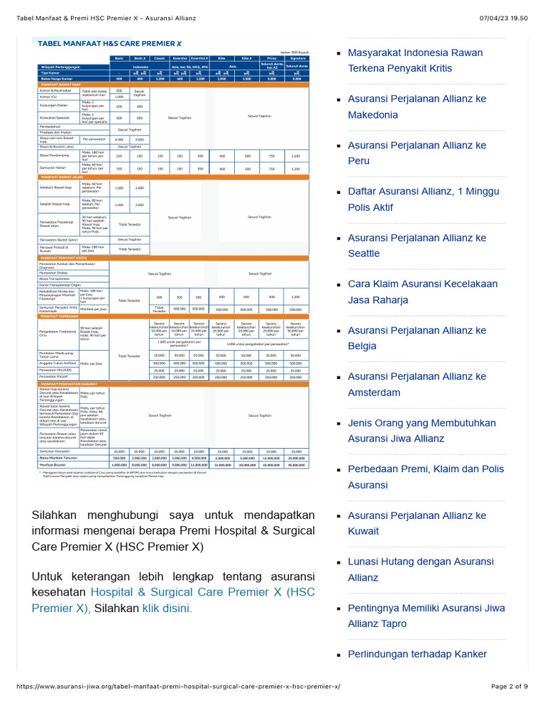 Tabel Manfaat & Premi HSC Premier X - Asuransi Allianz | PDF