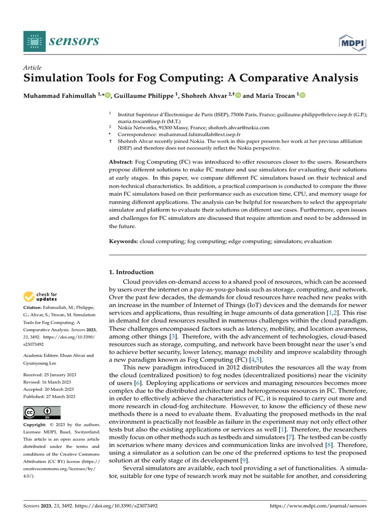 Simulation Tools For Fog Computing A Comparative Analysis - Sensors-23-03492 | PDF | Simulation ...