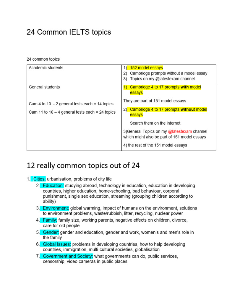 24 Common IELTS Topics | Download Free PDF | Family | Globalization