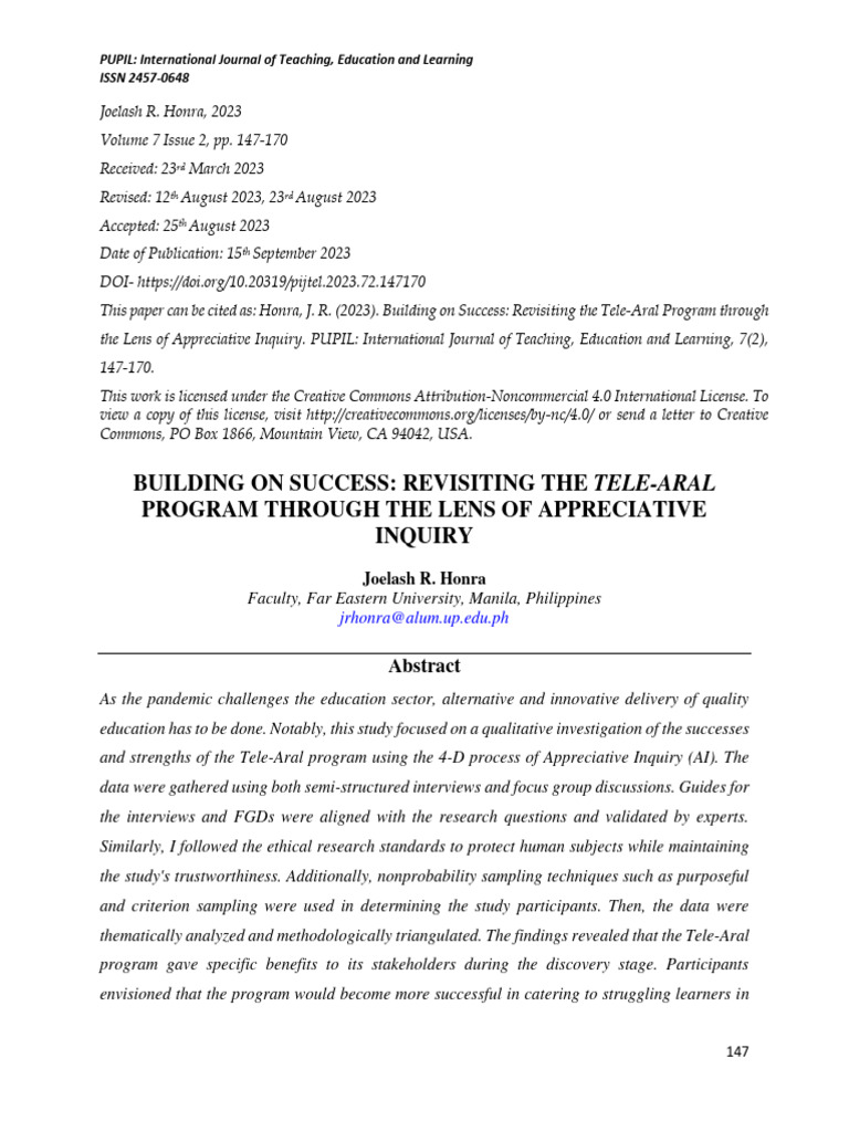 Building On Success: Revisiting The Tele-Aral Program Through The Lens of Appreciative Inquiry ...