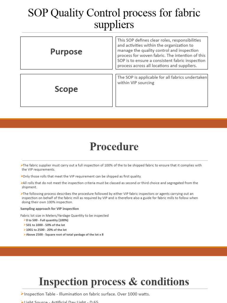 SOP Quality Control Process For Fabric Suppliers: Purpose | PDF | Textiles | Dyeing