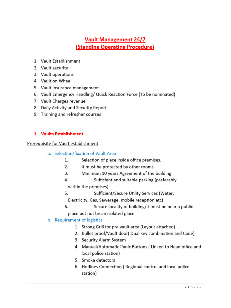 Vault Management SOPs and Security | PDF | Security Alarm | Bank Vault
