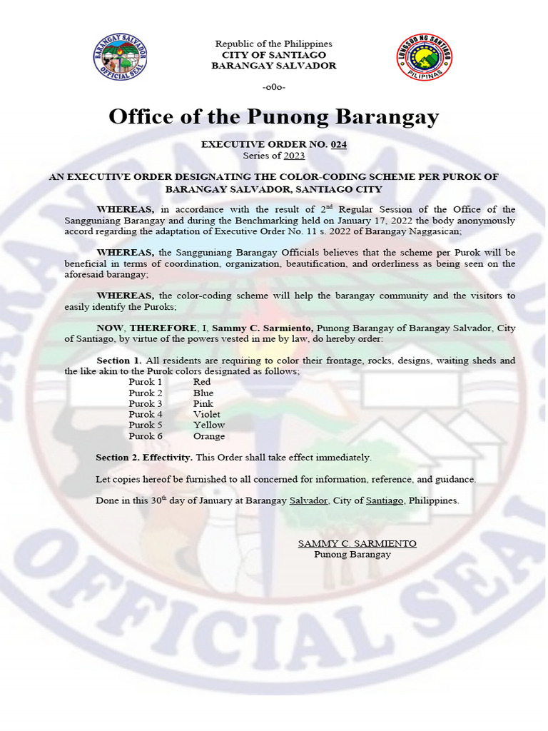 Executive Order No. 024 S. 2022 - DESIGNATING THE COLOR-CODING SCHEME PER PUROK | PDF
