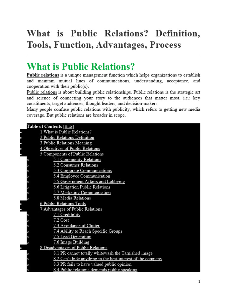 What Is Public Relations - Definition, Tools, Function, Advantages, Process | PDF