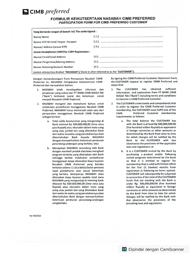 Formulir Keikutsertaan Nasabah Cimb Preferred | PDF