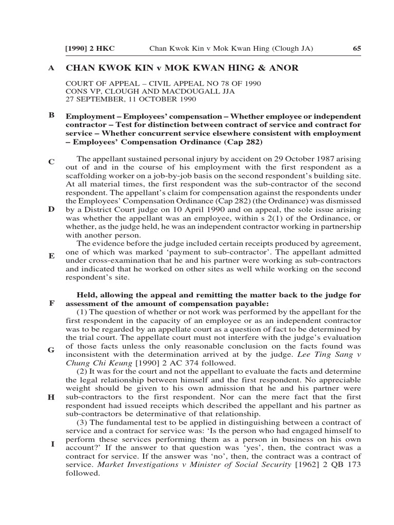 Chan Kwok Kin V Mok Kwan Hing & Anor | PDF | Employment | Judgment (Law)