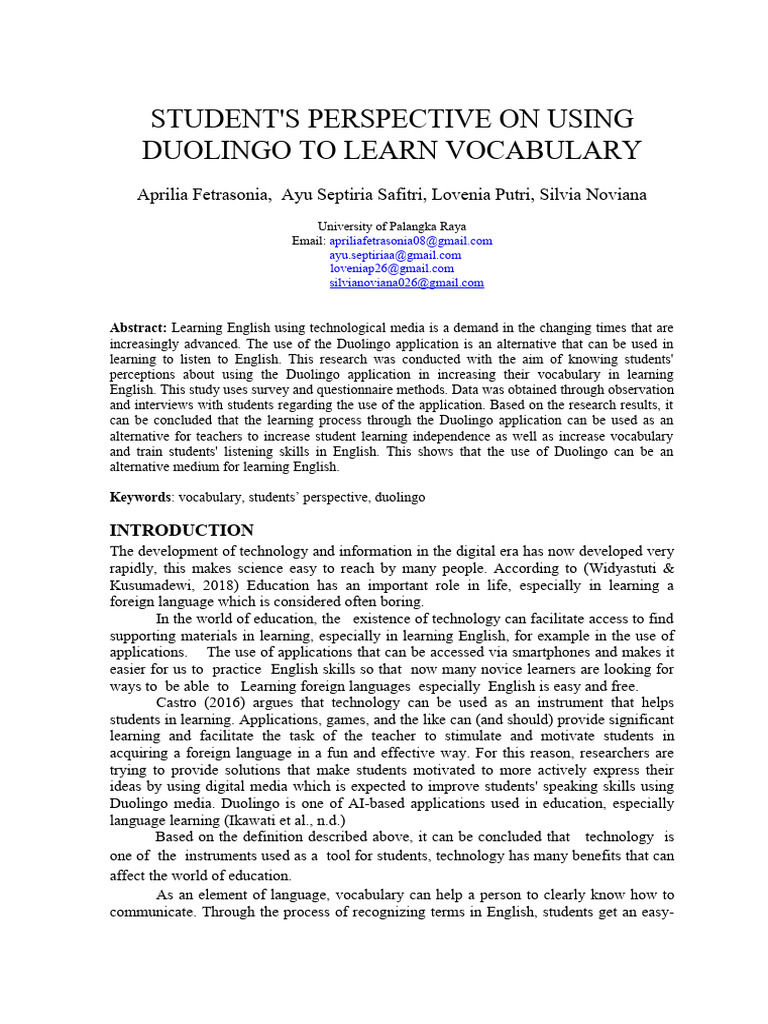 Student's Perspective On Using Duolingo To Learn Vocabulary-1 | PDF ...