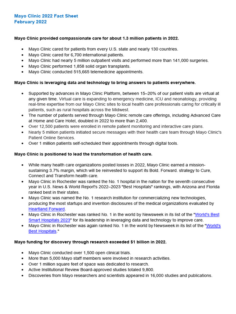 2022 Mayo Clinic Fact Sheet | Download Free PDF | Patient | Clinic