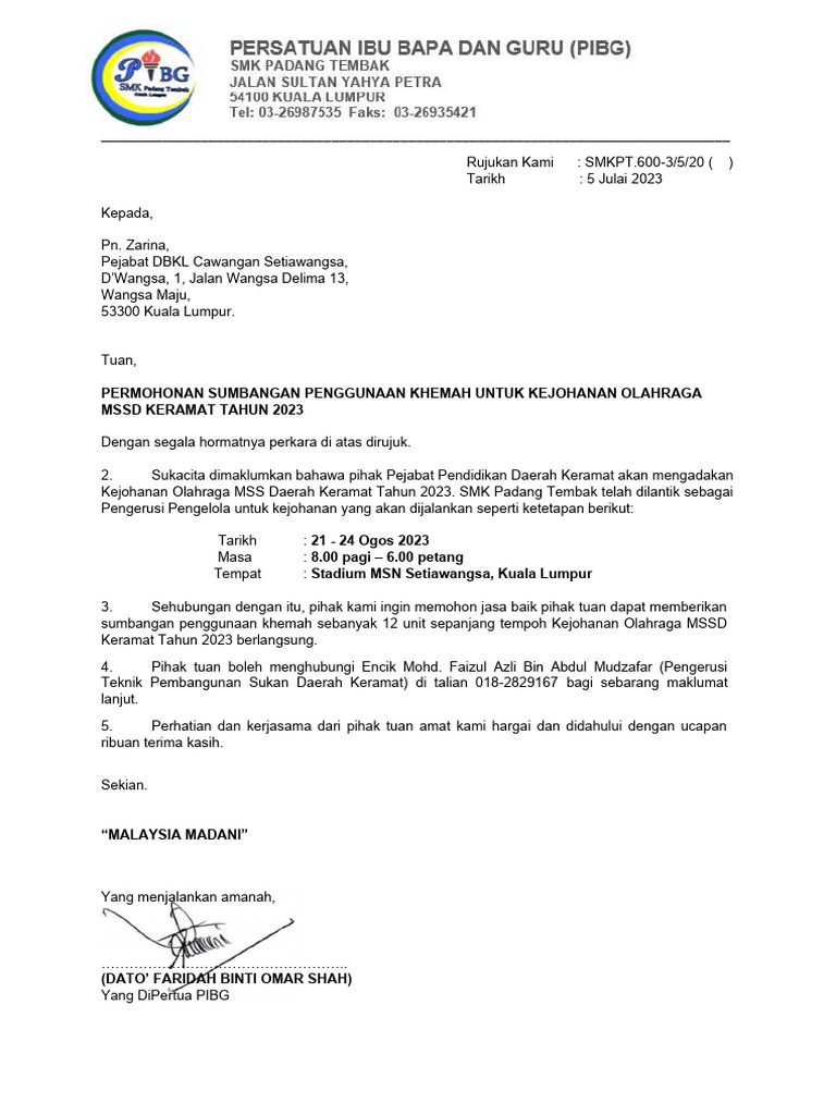 Surat Mohon Sumbangan Khemah DBKL Kejohanan Olahraga Keramat 2023 | PDF