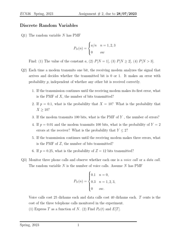 Discrete and Continuous Random Variables Assignment | PDF