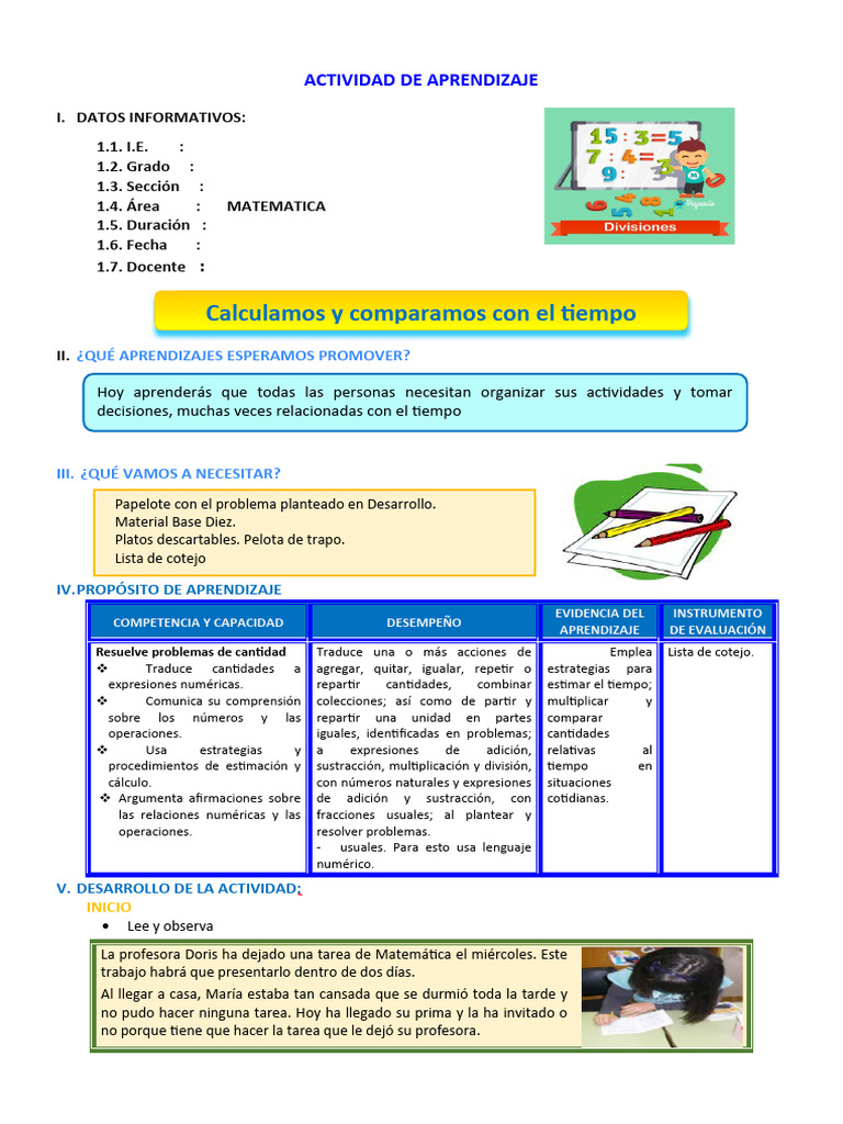 D2 A1 SESION MAT. Calculamos y Comparamos Con El Tiempo | PDF | Evaluación | Aprendizaje